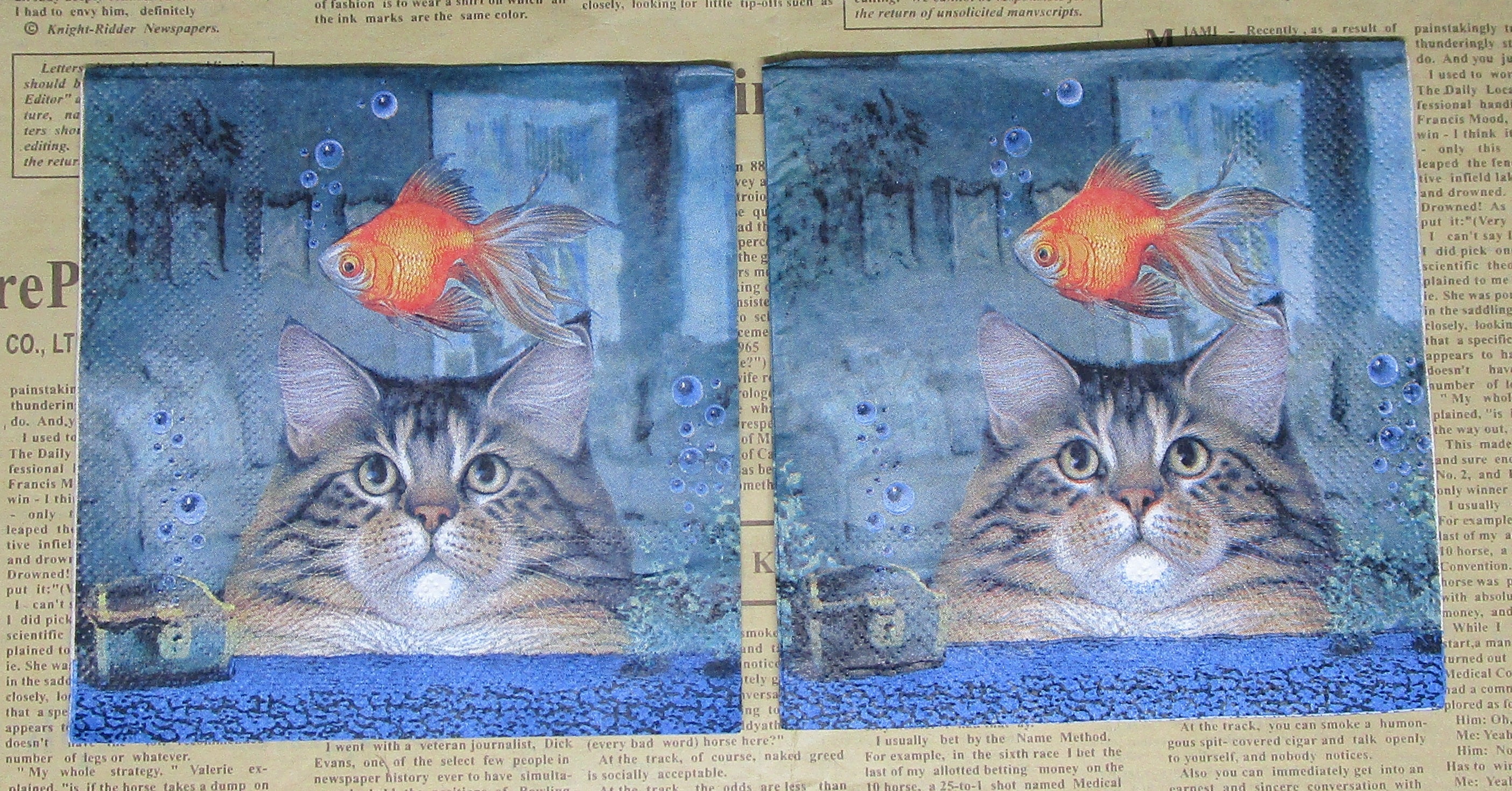 Paper Napkins (Pack of 2) Cocktail Size Cat Looking at Gold Fish Treas